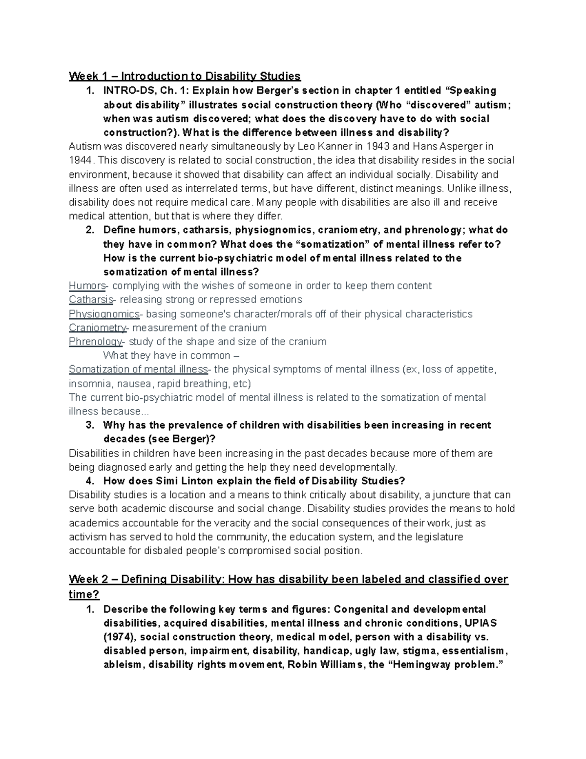 DS Study Guide - Quiz 1 - Week 1 – Introduction to Disability Studies ...