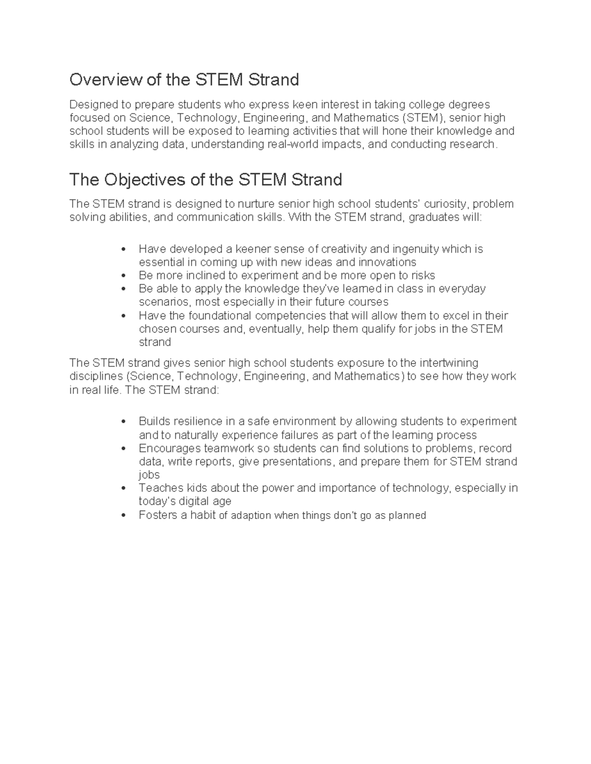 Overview of the STEM Strand - Overview of the STEM Strand Designed to ...