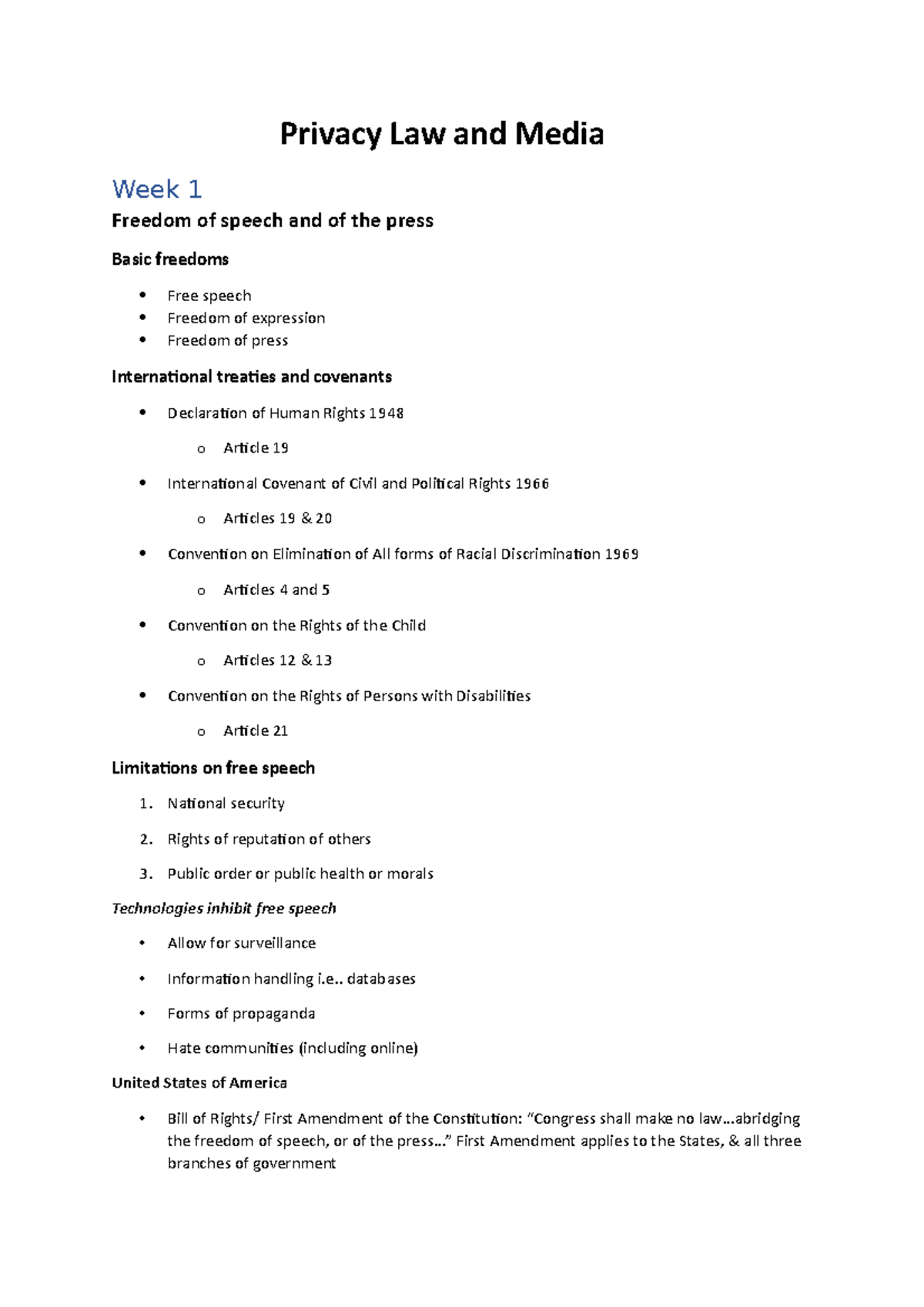 Privacy Law and Media Lecture Notes - Privacy Law and Media Week 1 ...
