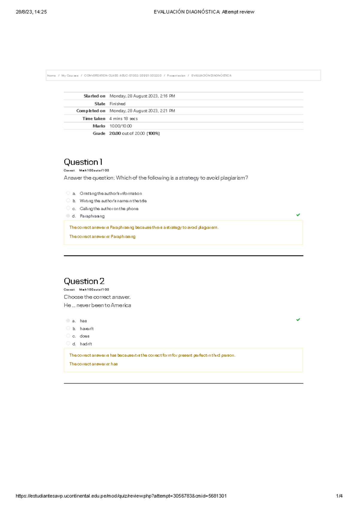 Evaluación Diagnóstica Attempt review Conversation Class - Home / My ...
