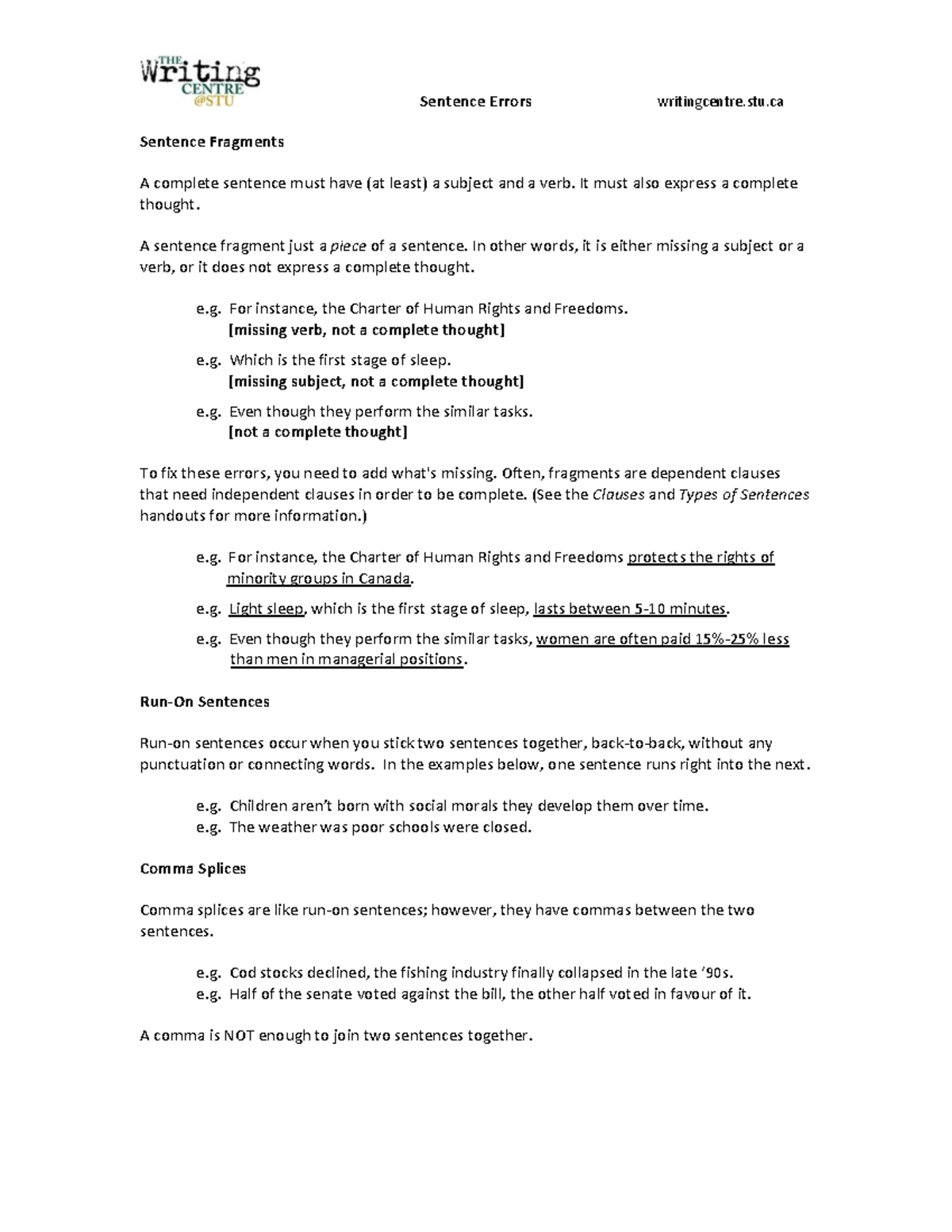 Sentence-Errors - Sentence Errors writingcentre.stu Sentence Fragments ...