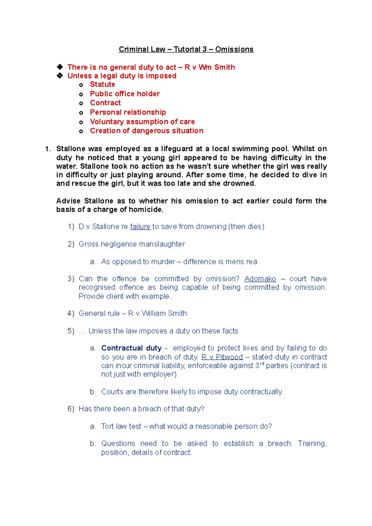 Criminal Law – Tutorial 3 – Omissions - Criminal Law – Tutorial 3 ...