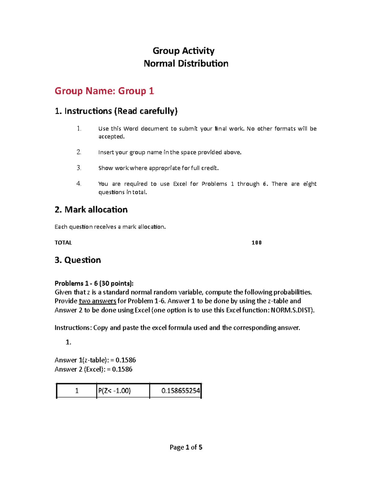 G1 Assigment 2 updated - answers - Group Activity Normal Distribution ...