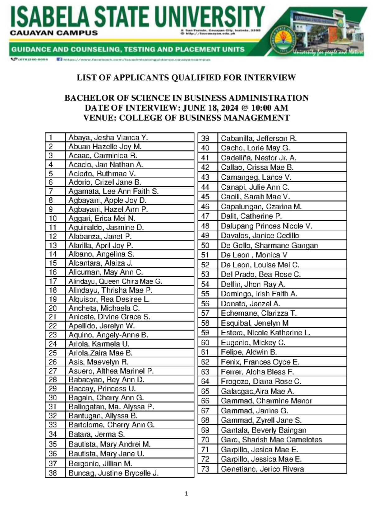 JUNE 18-BSBA - List of qualified students in BSBA - LIST OF APPLICANTS ...