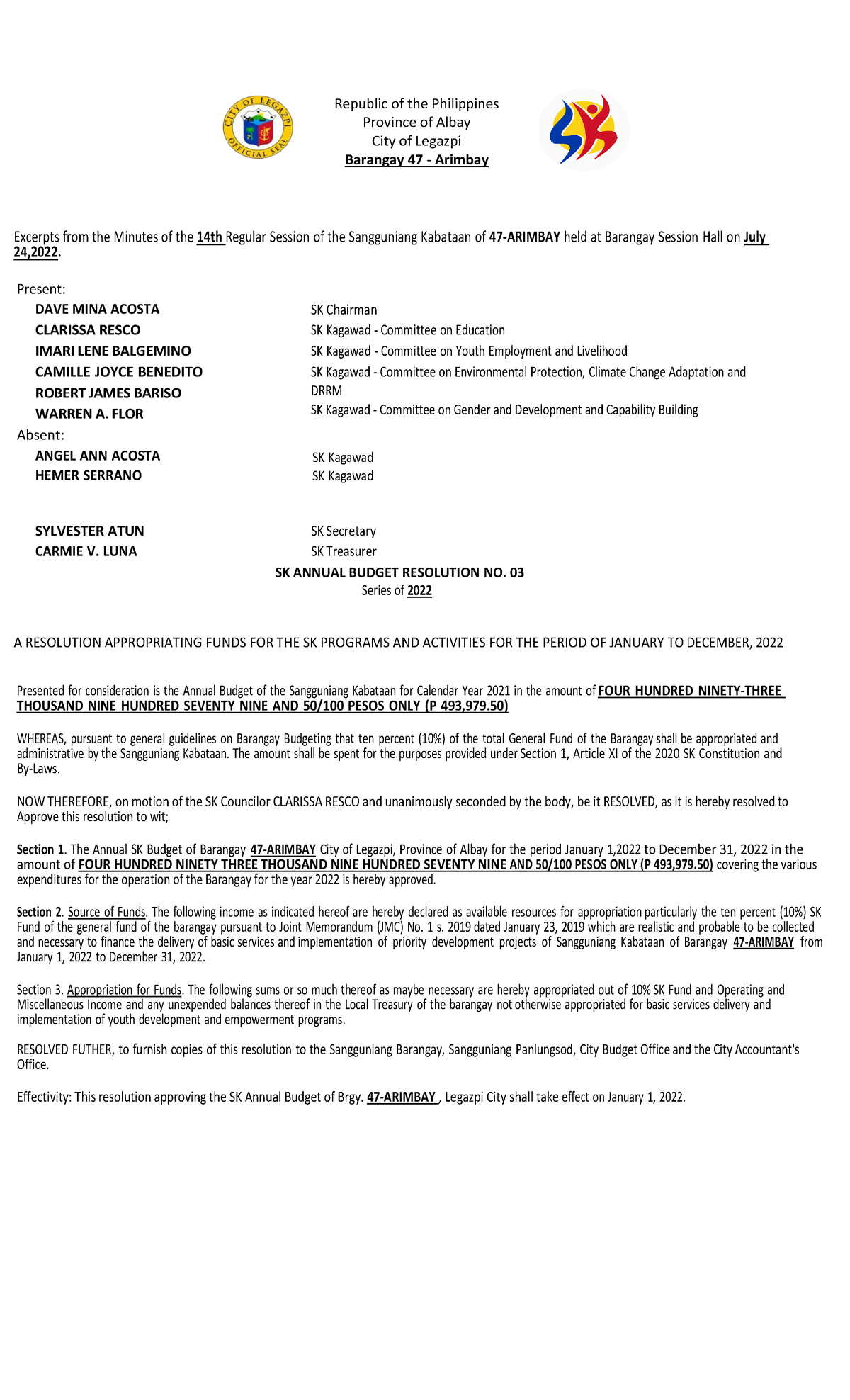 SK Annual Budget Resolution 2022 1 Excerpts From The Minutes Of The 