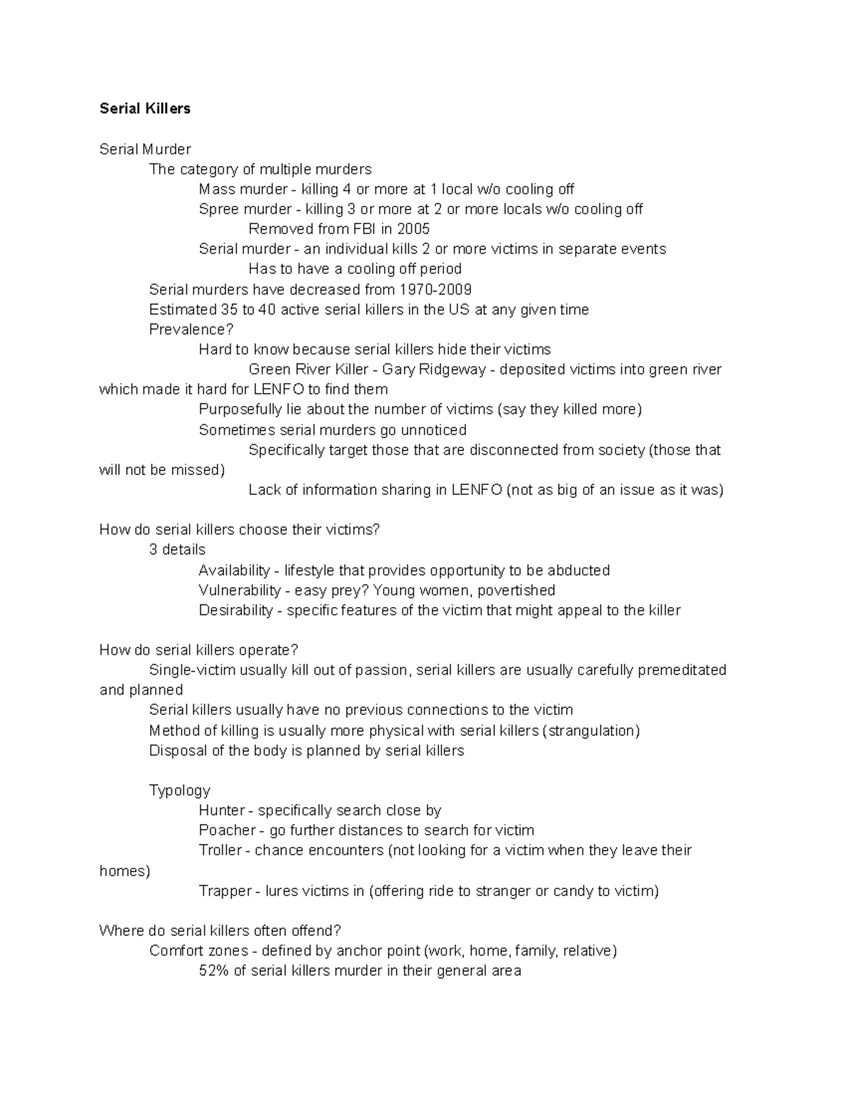 Criminal Psychopathology Notes 4/4 - Serial Killers Serial Murder The ...
