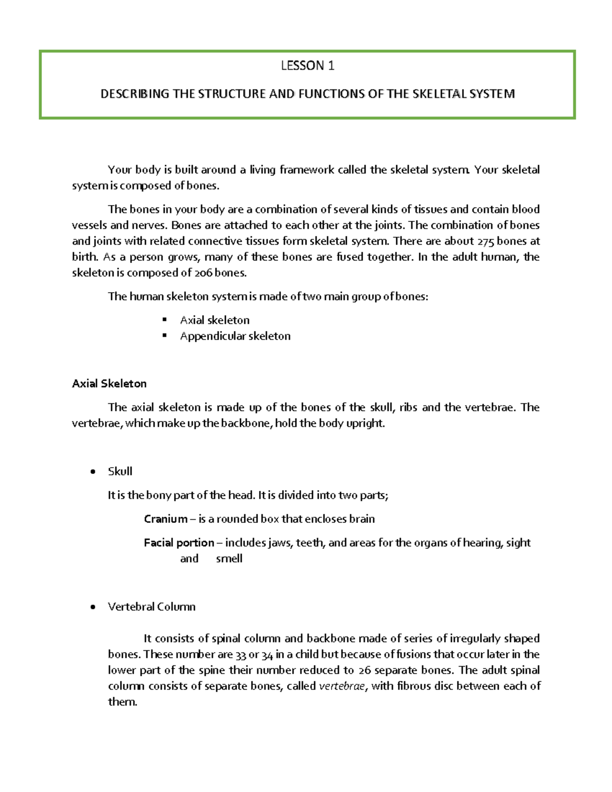 Lesson 1 - Lecture notes on human skeletal system - LESSON 1 DESCRIBING ...
