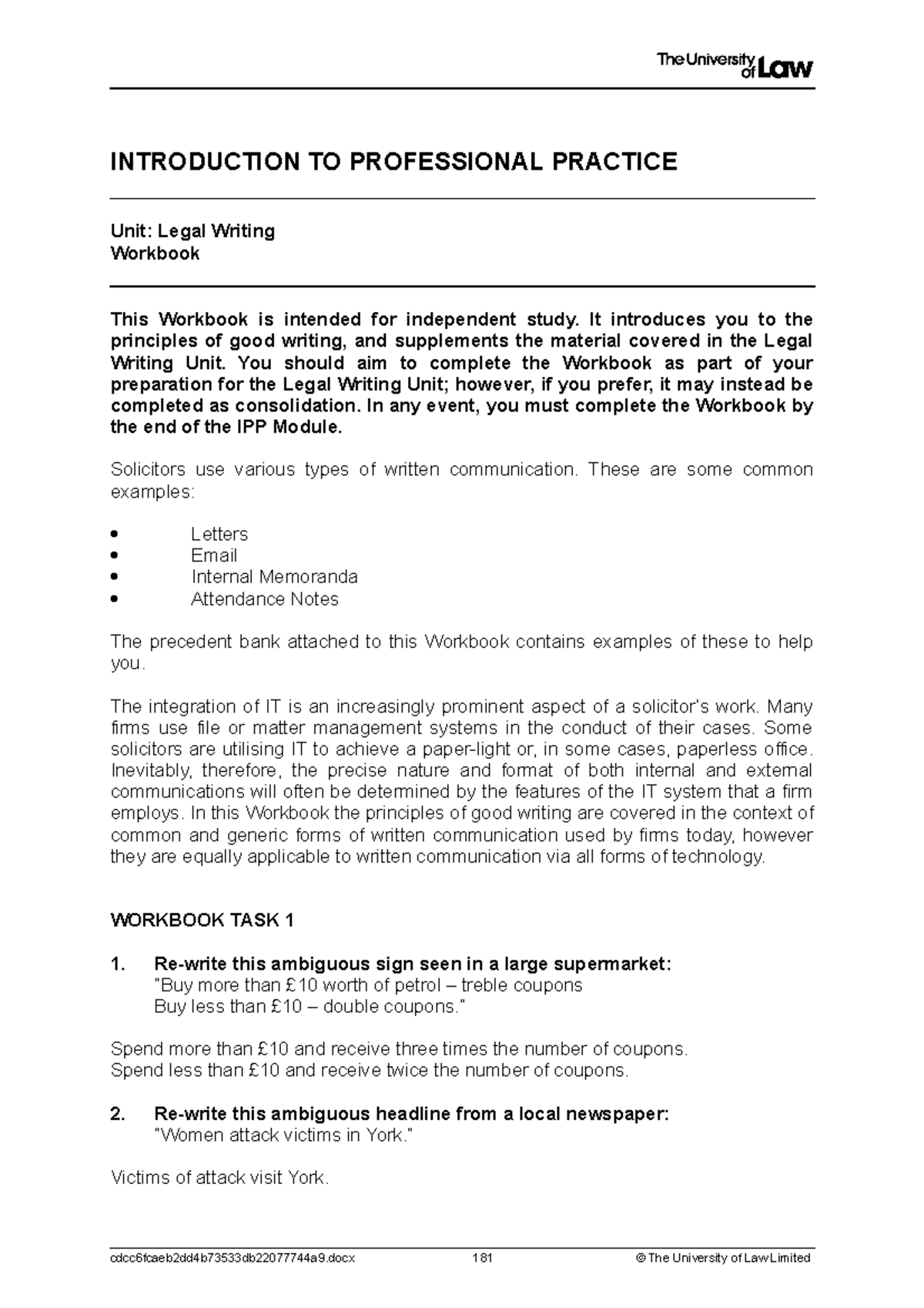 2. Legal Writing Workbook - INTRODUCTION TO PROFESSIONAL PRACTICE Unit ...