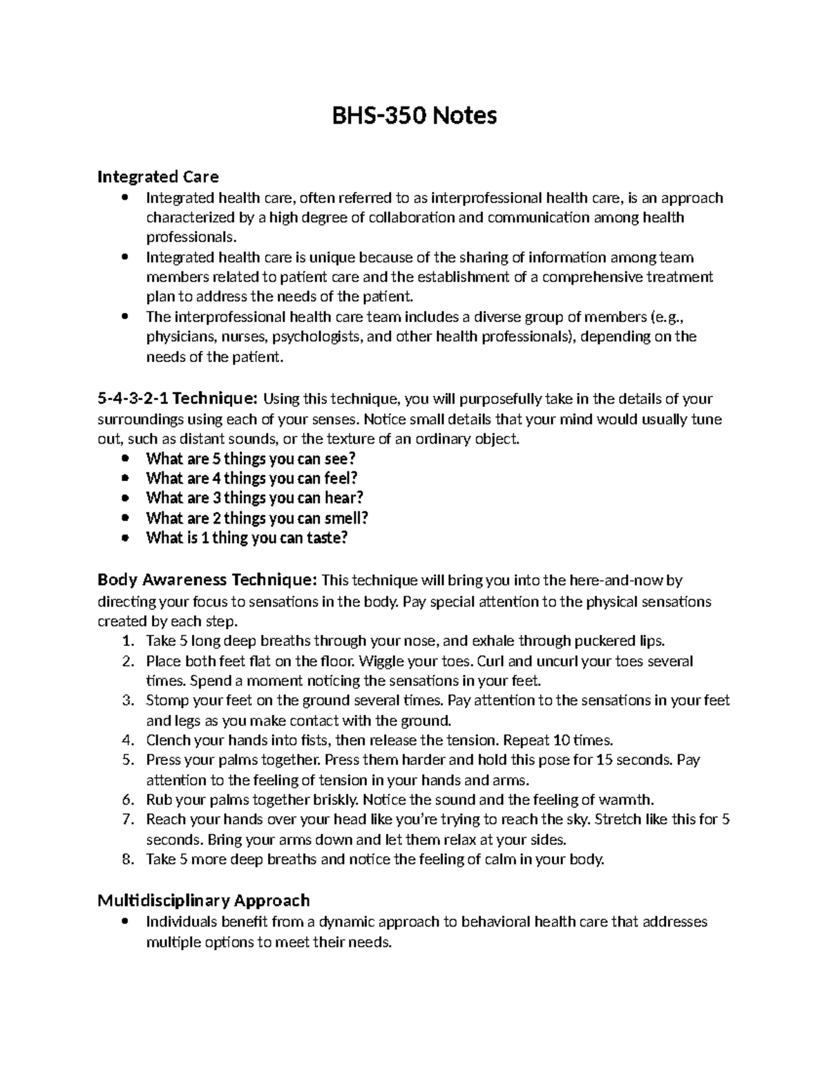 BHS-350 Notes - BHS-350 Notes Integrated Care Integrated health care ...