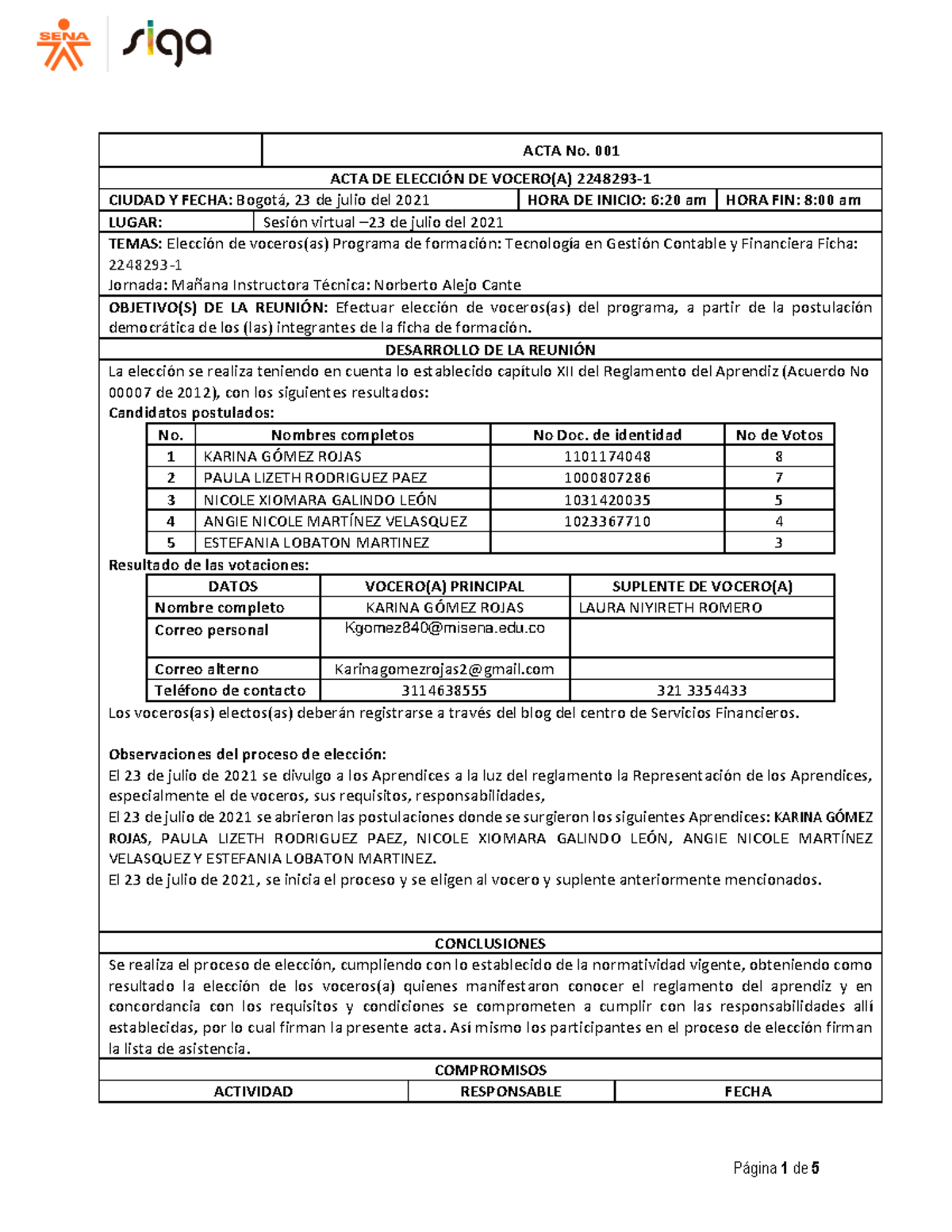 ACTA Eleccion Vocero - ACTA No. 001 ACTA DE ELECCI”N DE VOCERO(A) 2248293- CIUDAD Y FECHA: Bogot ...