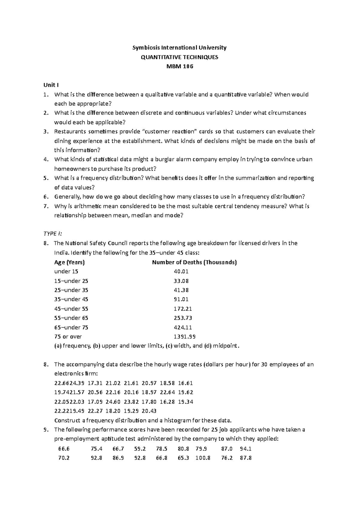 MBA106-Quantitative Techniques - Symbiosis International University ...
