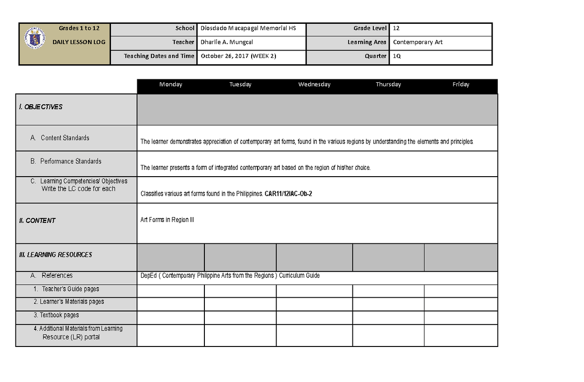 Contemporary week 2 dlldocx - Grades 1 to 12 DAILY LESSON LOG School ...