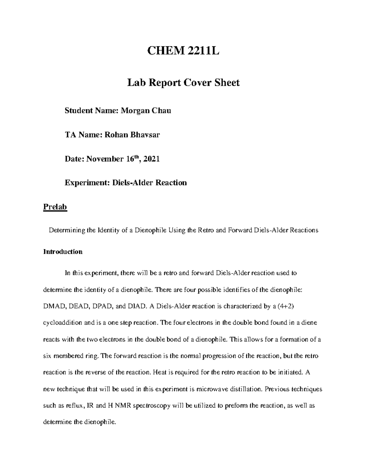 Ocheml diels-alder prelab - CHEM 2211L Lab Report Cover Sheet Student ...