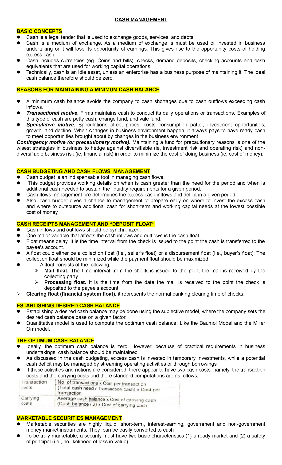 Finman- Reviewer- Gallano - CASH MANAGEMENT BASIC CONCEPTS Cash is a ...