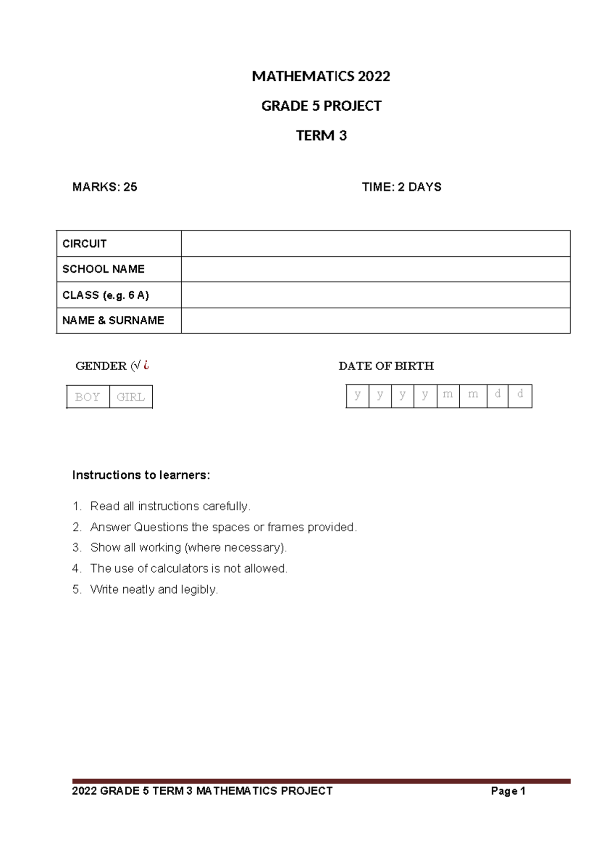 Grade 5 Mathematics Project TERM 3 2022 - MATHEMATICS 2022 GRADE 5 ...