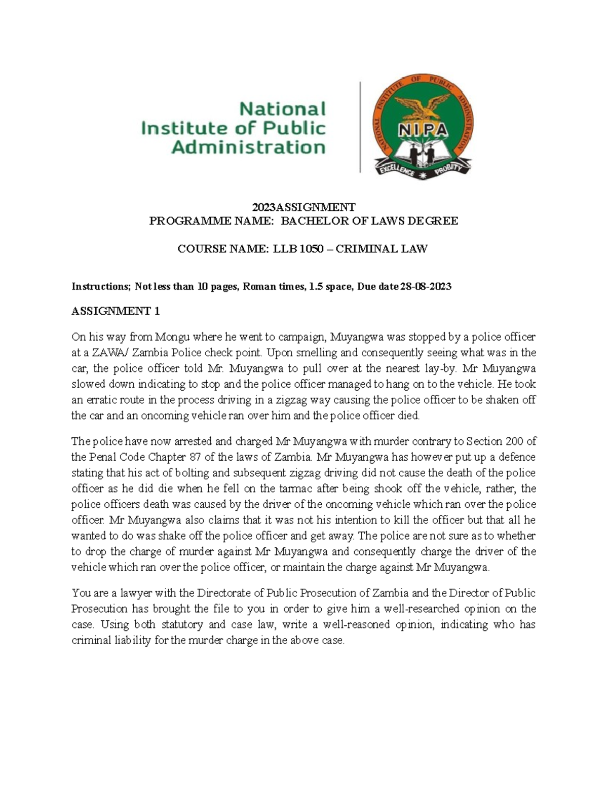 Criminal Law LLB 1050 - assignment - 2023ASSIGNMENT PROGRAMME NAME: BACHELOR OF LAWS DEGREE ...