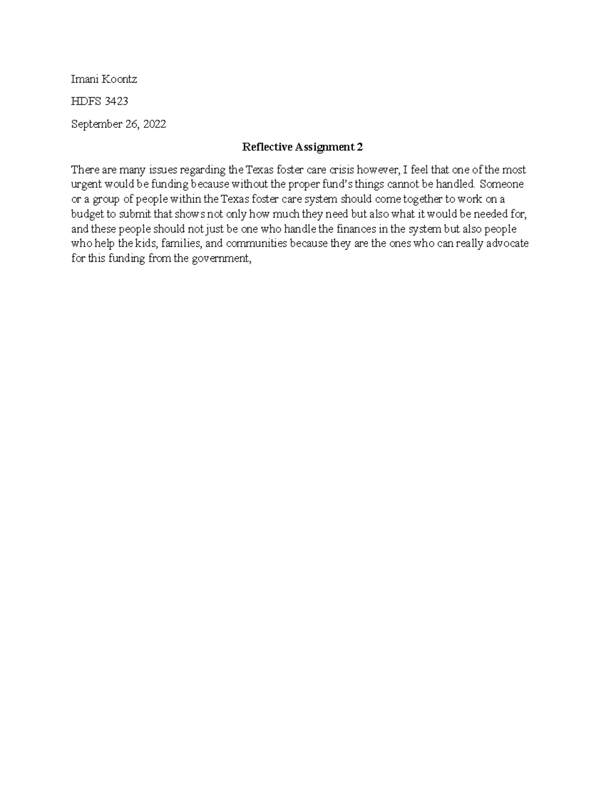 Reflective Assignment 2 - Imani Koontz HDFS 3423 September 26, 2022 ...