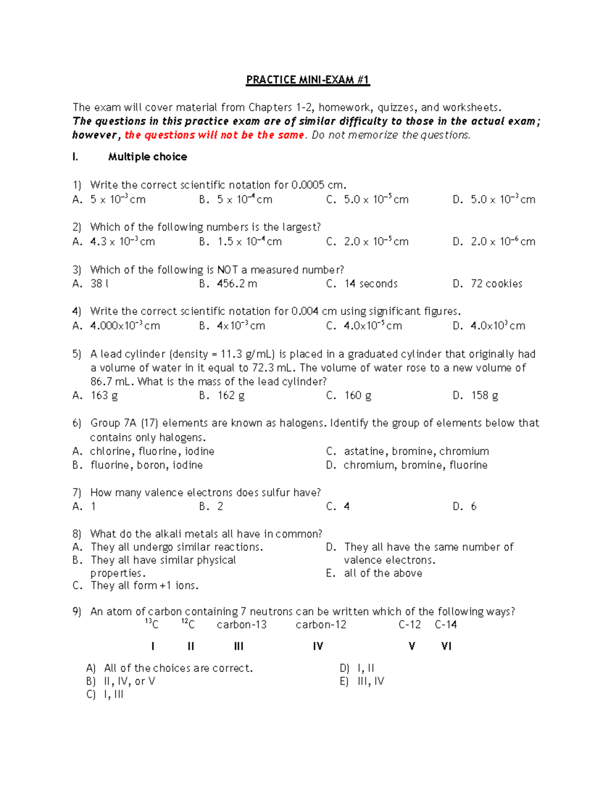 Practice mini -EXAM 1 -1122-Fall21 - PRACTICE MINI-EXAM The exam will ...