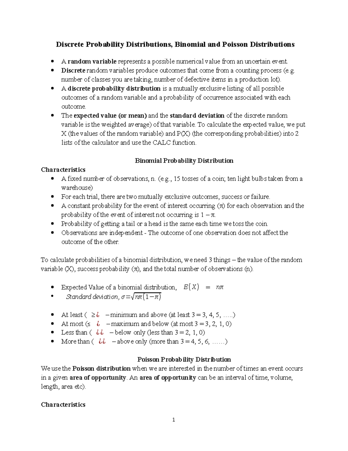 Week 3 summary - Lecture Notes - Discrete Probability Distributions ...
