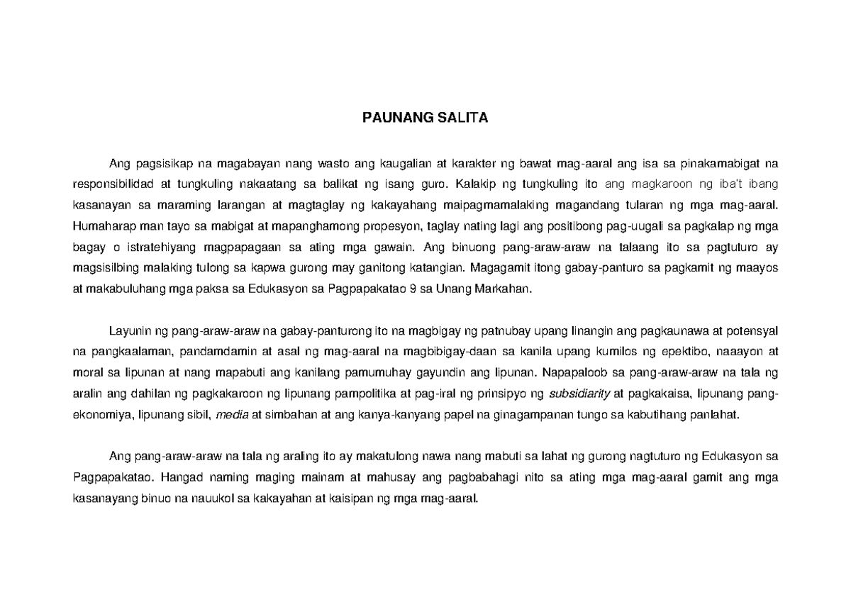 Es P DLL 9- Preliminaries - PAUNANG SALITA Ang pagsisikap na magabayan ...