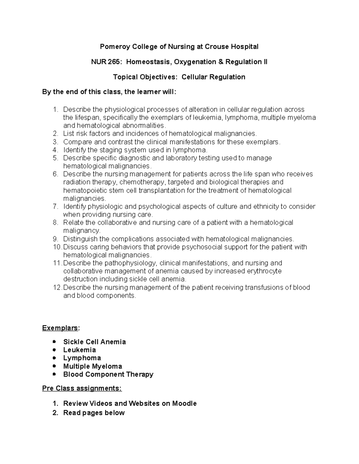 Cellular Regulation Topical Obj fall 2022 - Pomeroy College of Nursing ...
