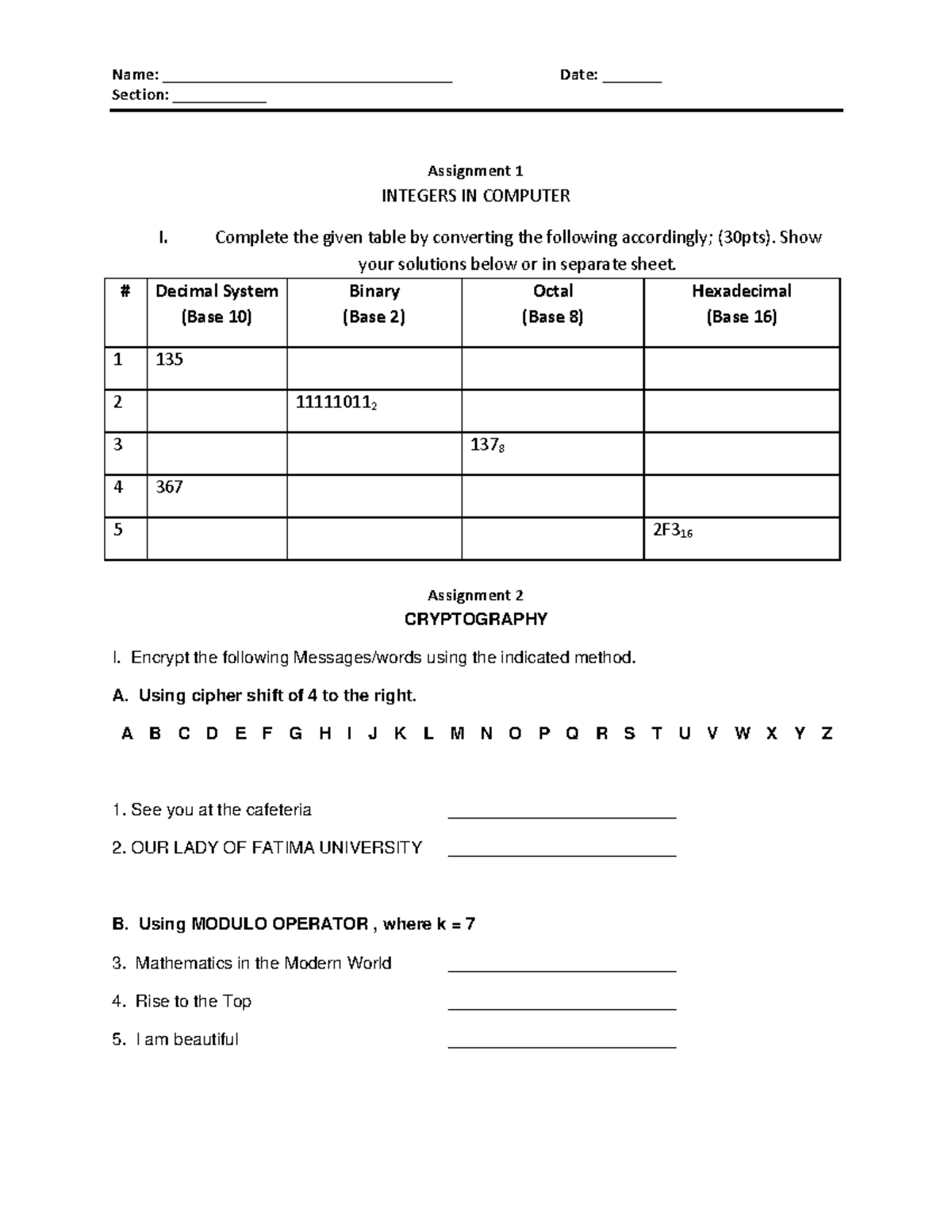 Integers IN Computer and Cryptography 1 - Name: __________________________________ Date ...
