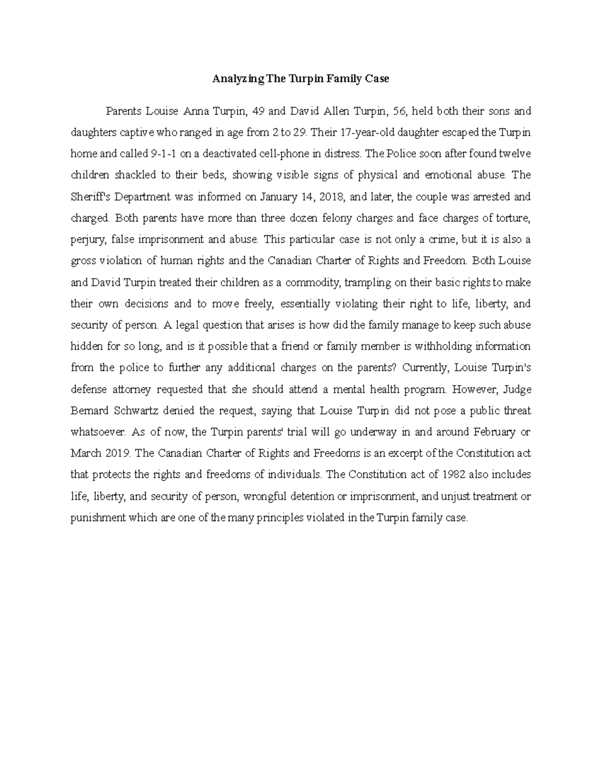 Turpin Family Case - Lecture notes 1 - Analyzing The Turpin Family Case ...