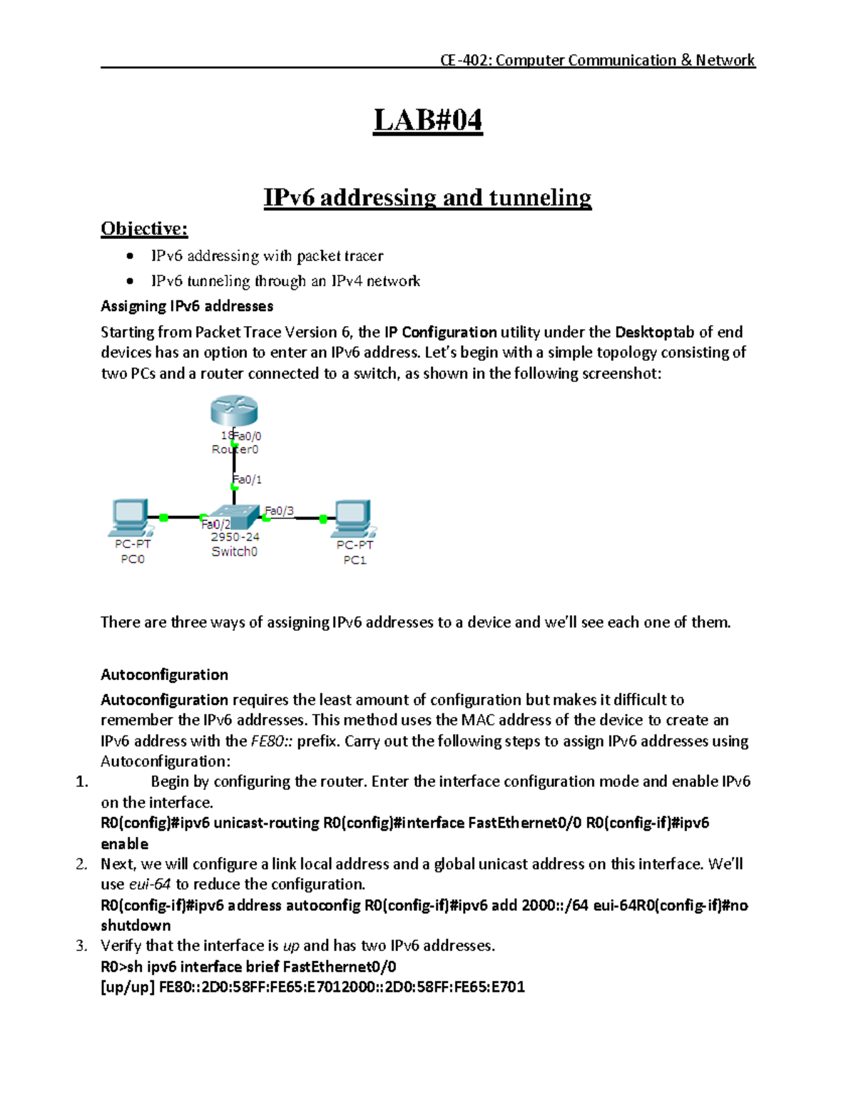 Computer Communication LAB No 4 - LAB# IPv6 addressing and tunneling ...