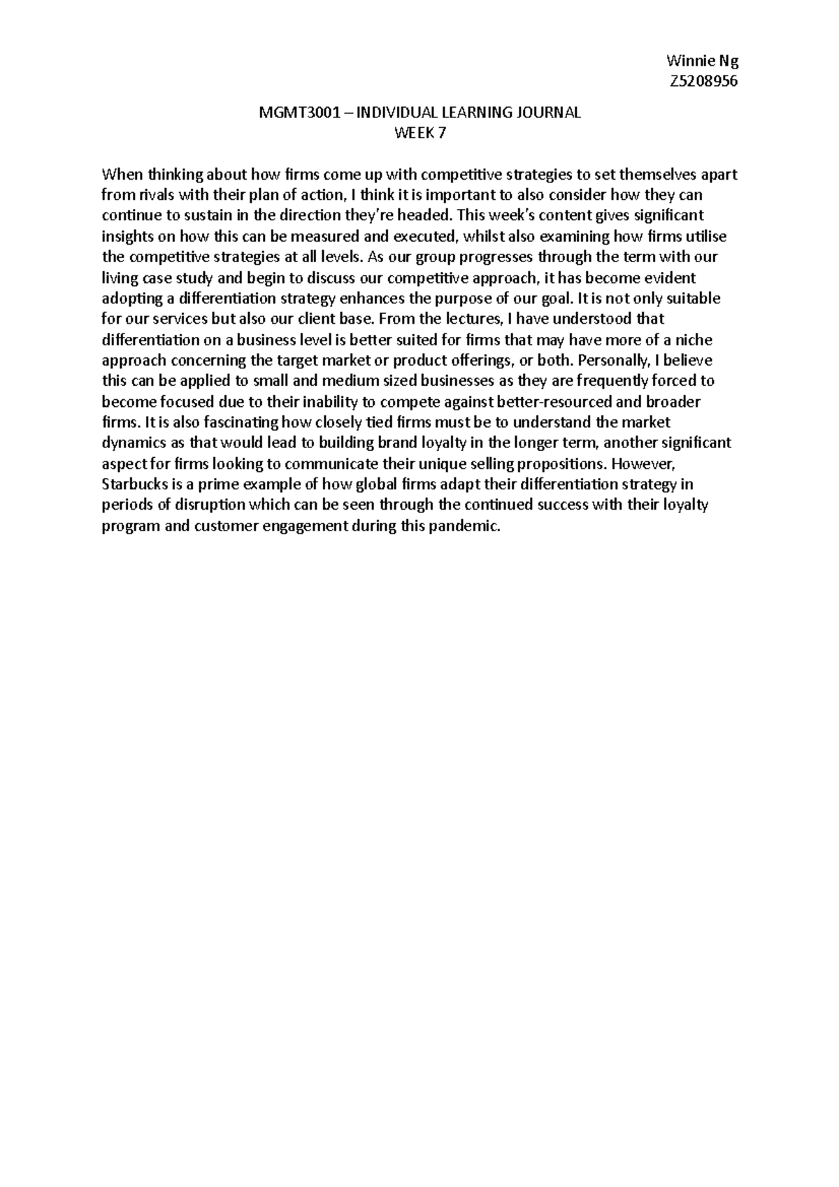 INDIVIDUAL LEARNING JOURNAL MGMT3001 WEEK 7 - Winnie Ng Z MGMT3001 ...