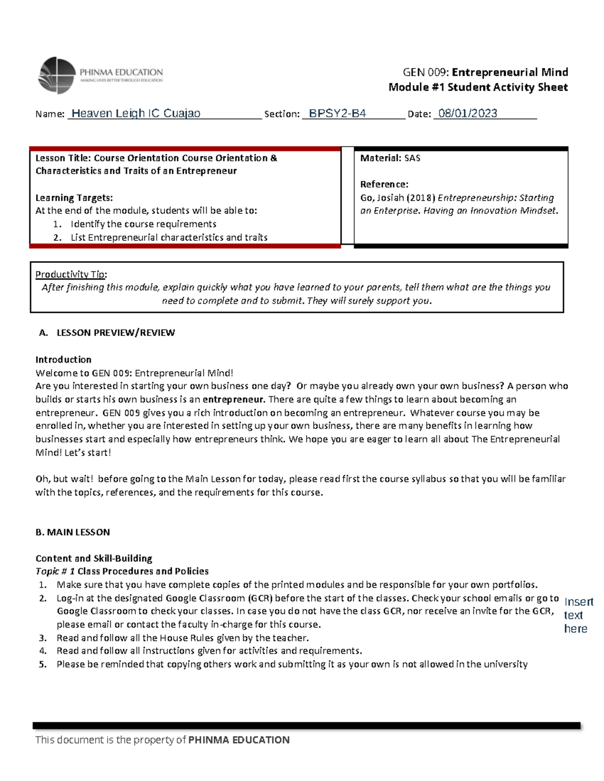 GEN 009 SAS#1 2324 - MODULE - Module #1 Student Activity Sheet Name ...