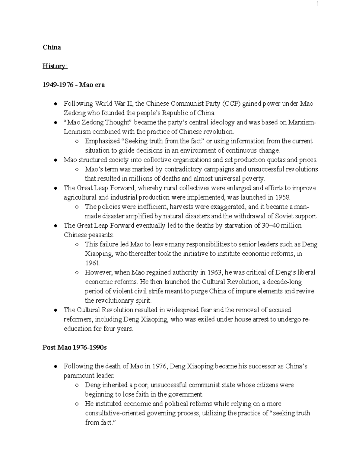 Global Econ Final Study Guide - 1 China History: Mao era Following ...