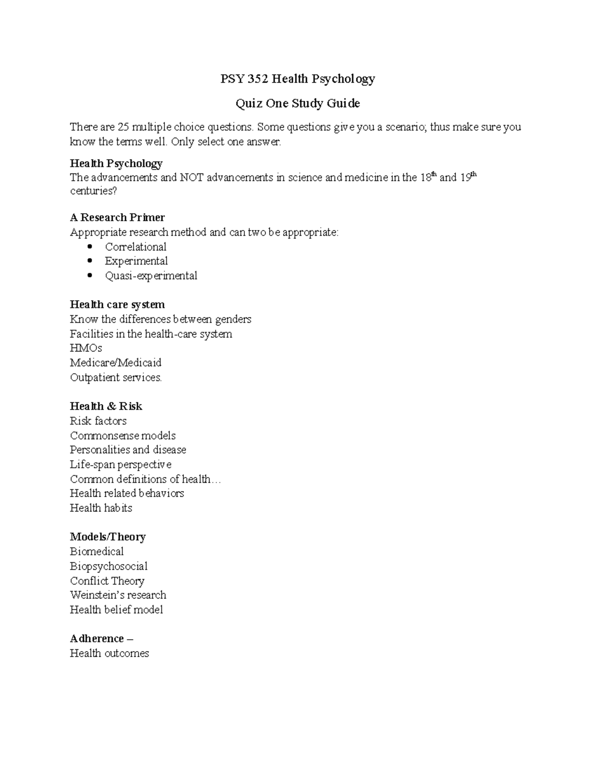 Quiz 1 Study Guide Health Psychology - PSY 352 Health Psychology Quiz ...