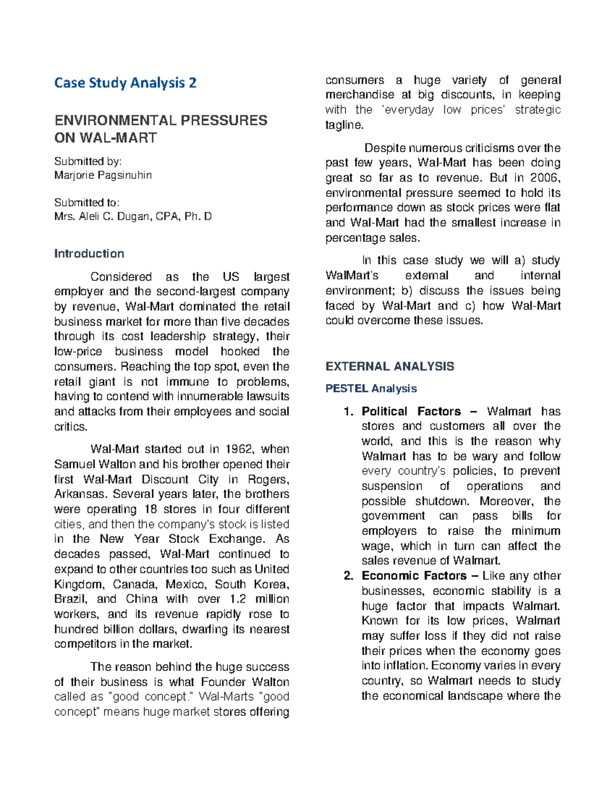 Case Study 2 Walmart Pagsinuhin - Case Study Analysis 2 ENVIRONMENTAL ...