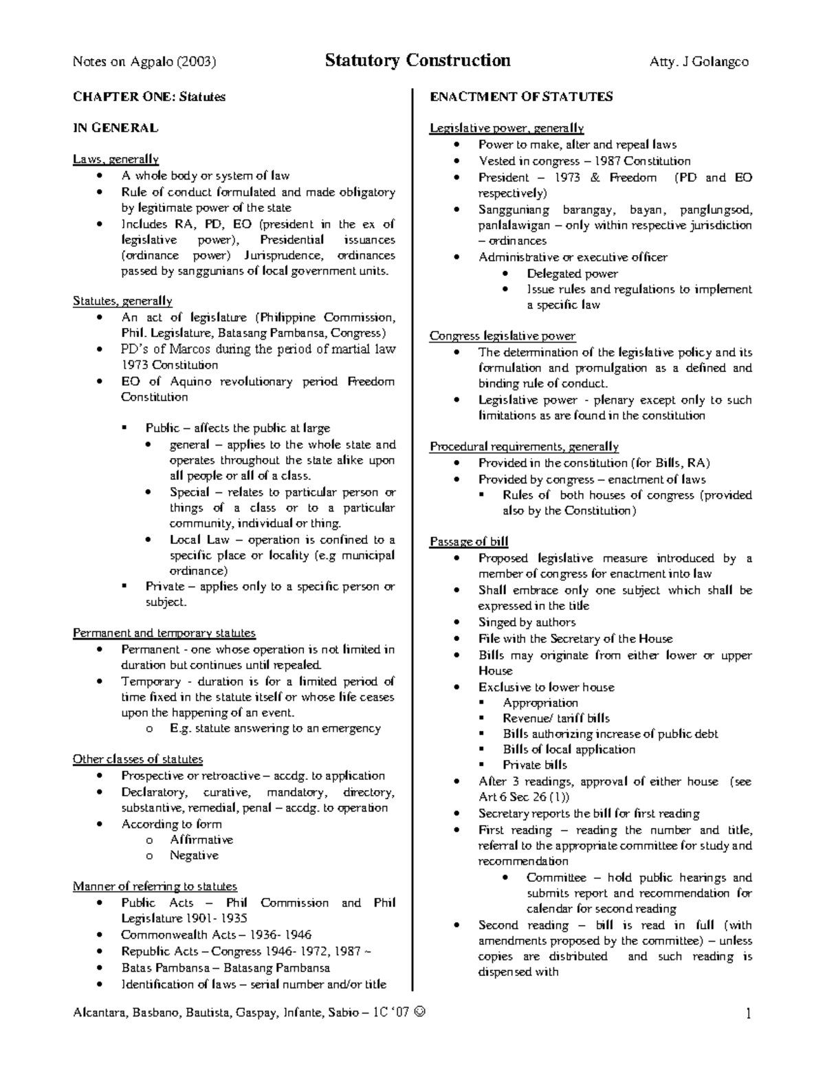 Stat con reviewer - agpalo - CHAPTER ONE: Statutes IN GENERAL Laws ...