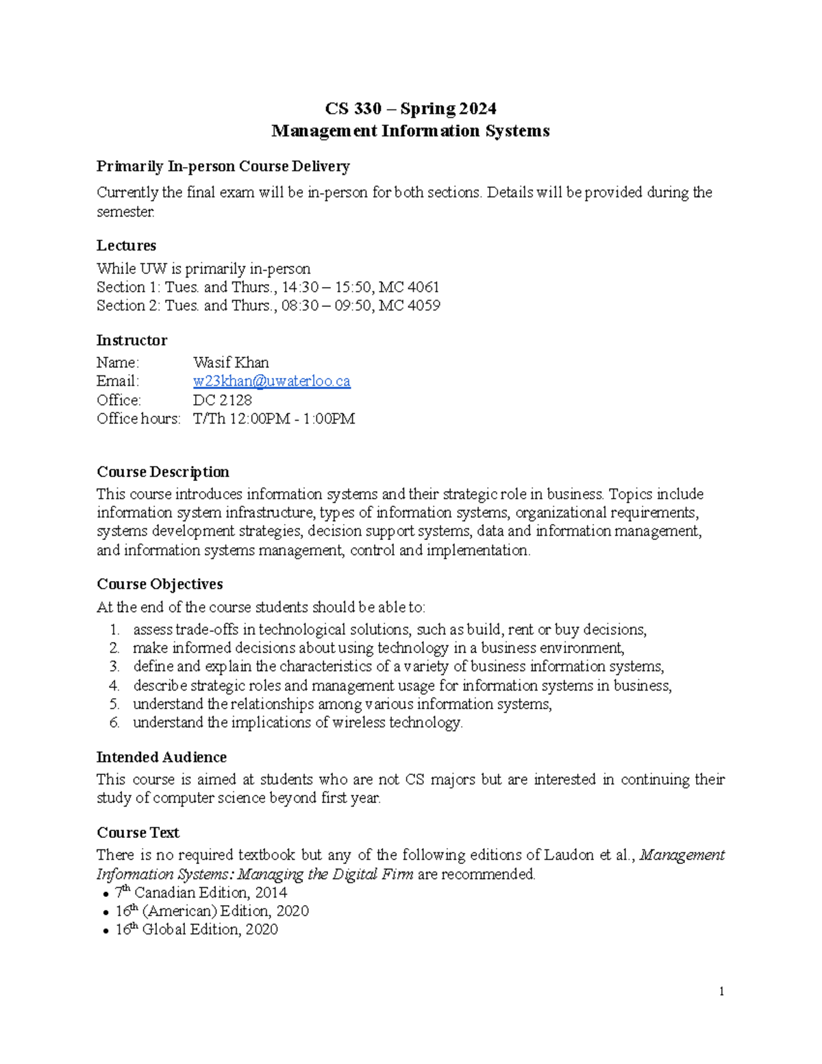 CS 330 Course Outline S24 - CS 330 – Spring 2024 Management Information Systems Primarily In ...