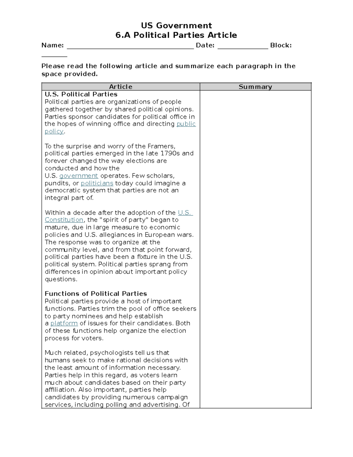 6.A Political Parties Article - US Government 6 Political Parties ...