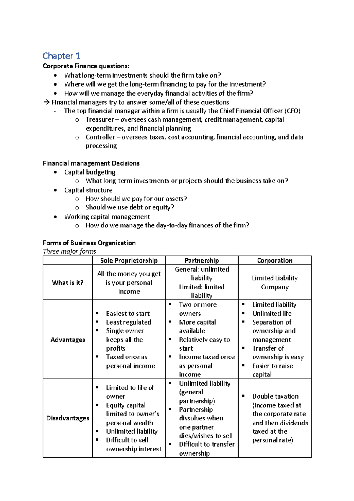 Finance notes - Chapter 1 Corporate Finance questions: - What long-term ...