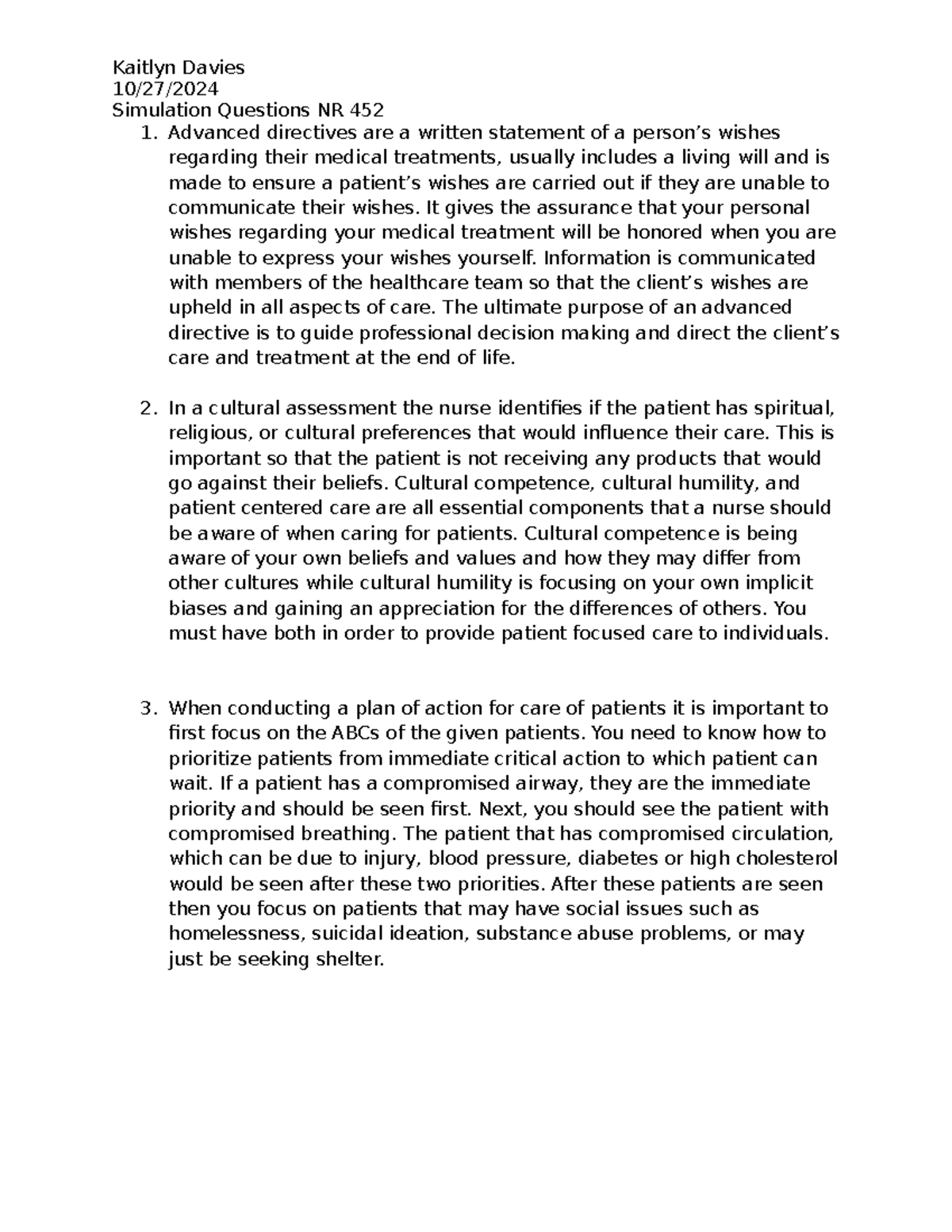 NR452 sim questions - simulation answers - Kaitlyn Davies 10/27/ Simulation Questions NR 452 1 ...