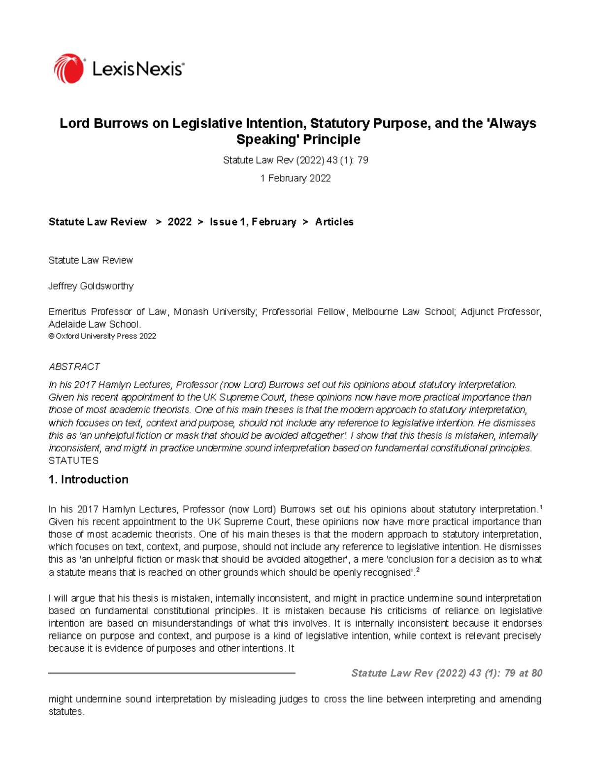 Lord Burrows on Legislative Intention, Statutory Purpose, and the ...