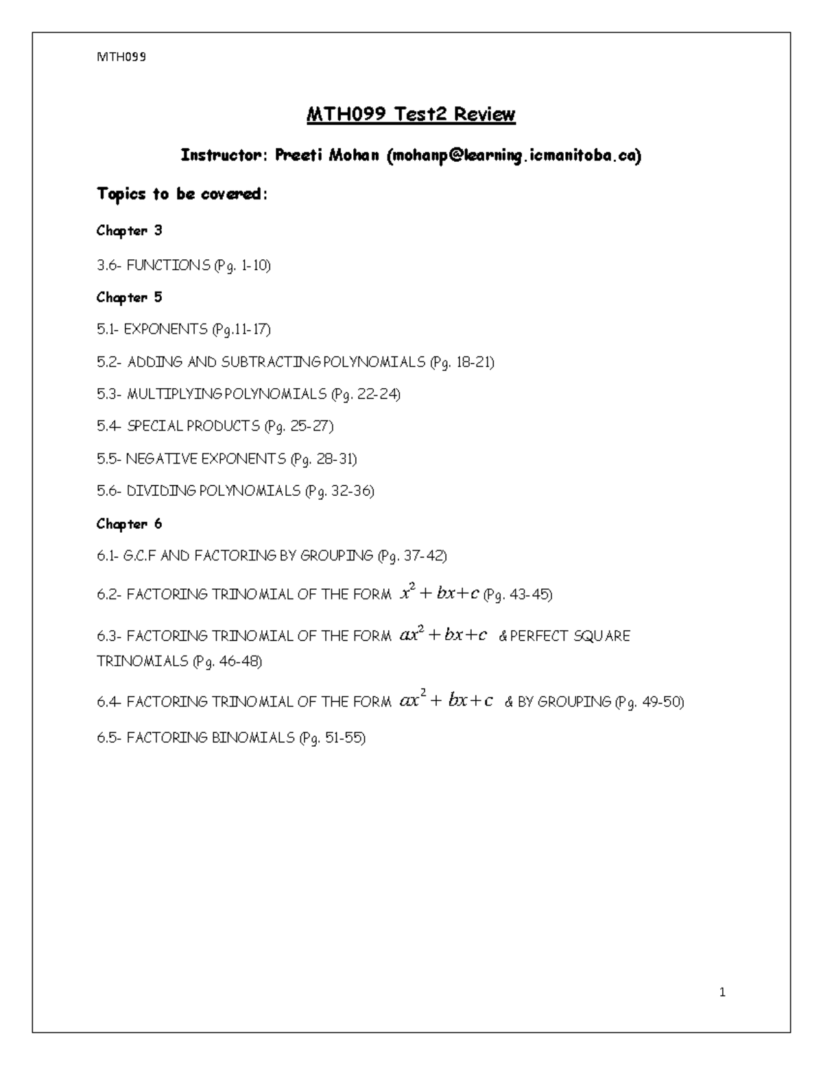 MATH 99 - hgfhfghf - MTH099 Test2 Review Instructor: Preeti Mohan ...