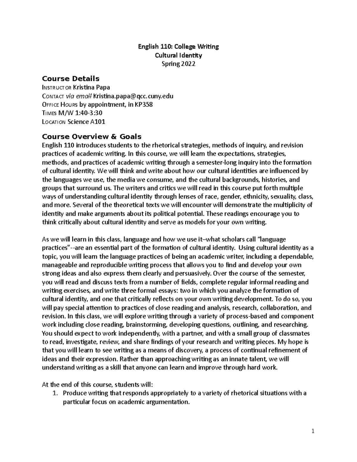 Papa English 110 Culture and Identity - English 110: College Writing ...