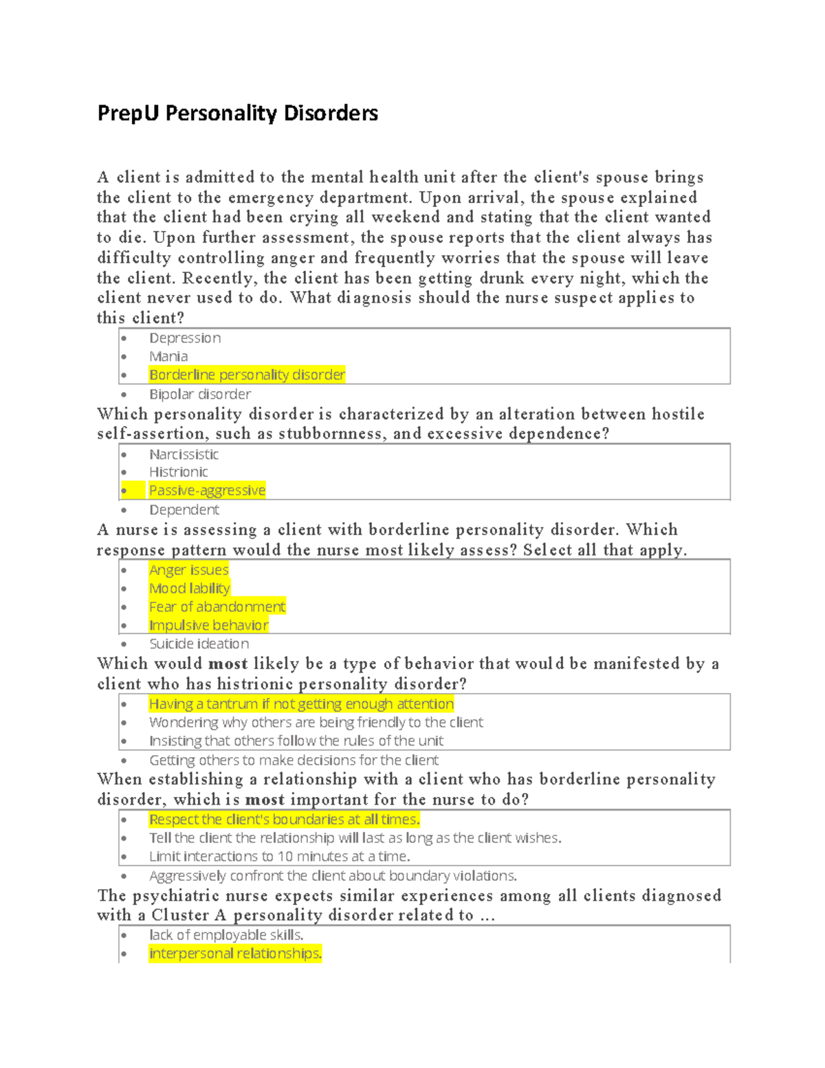 Prep U Personality Disorders PDF - PrepU Personality Disorders A client ...