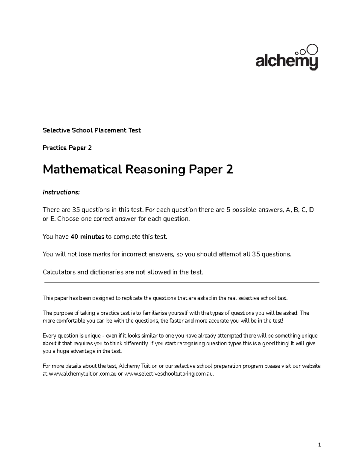 Mathematical Reasoning Paper 2 - For each question there are 5 possible ...
