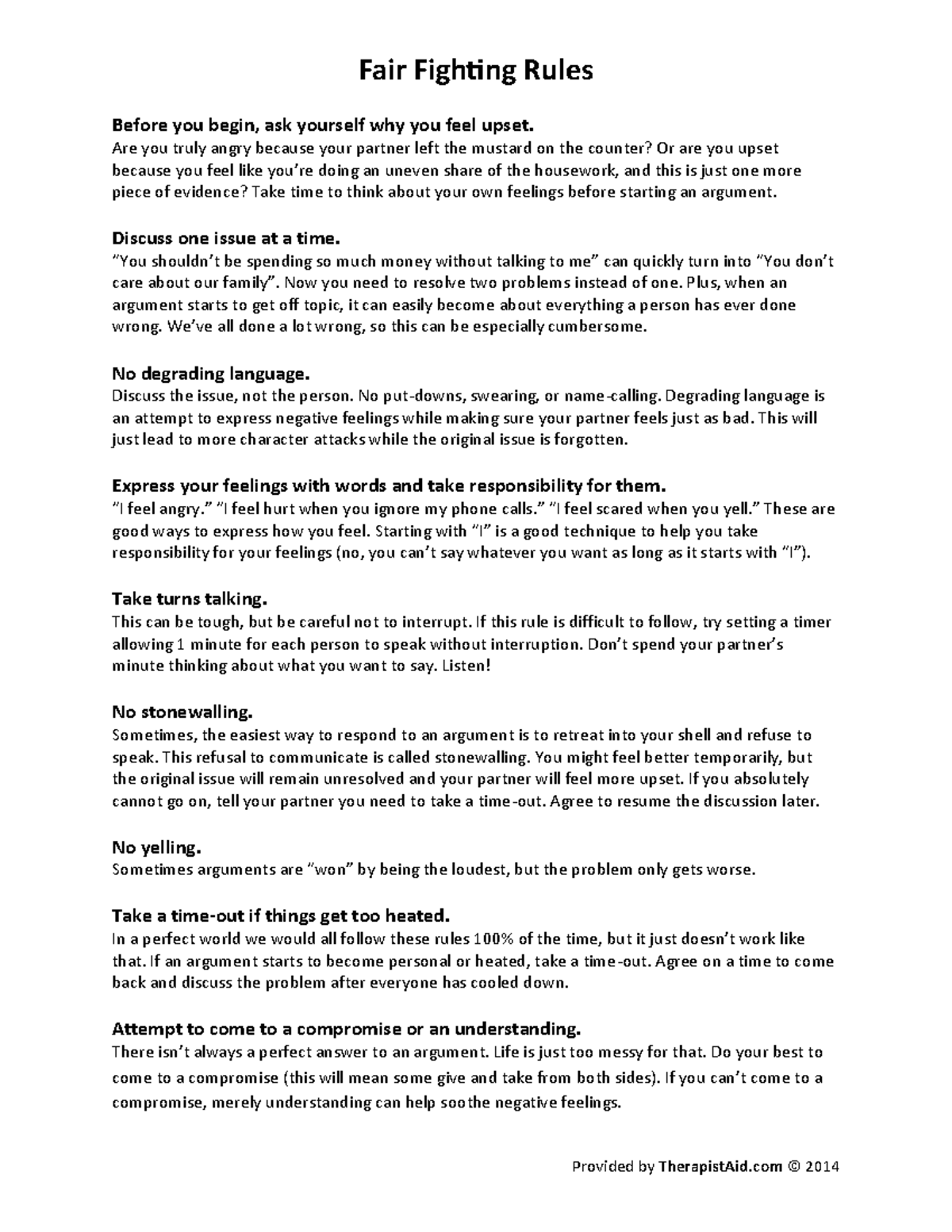 Fighting Fair - n/a - Fair Fighting Rules Provided by TherapistAid ...