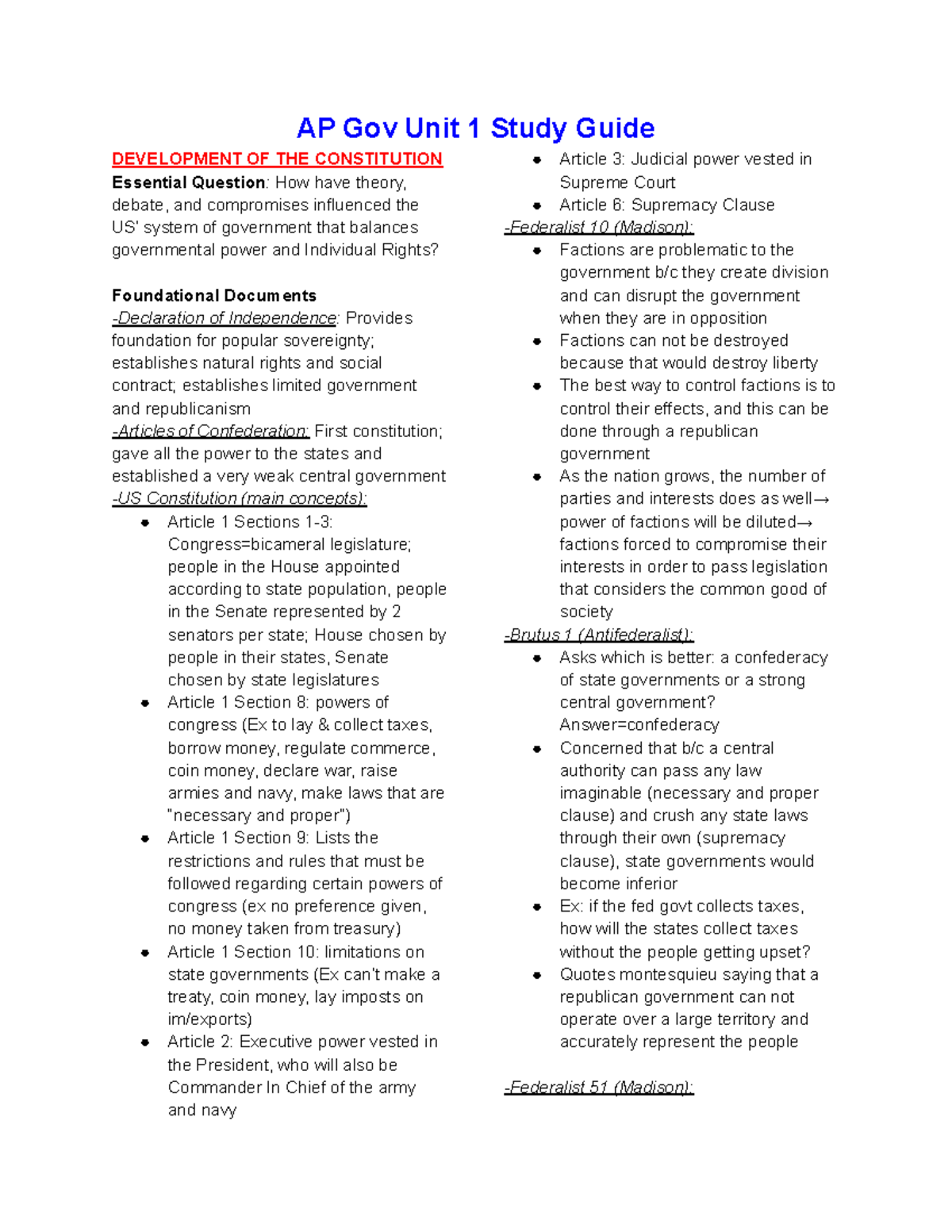 AP Gov Unit 1 Study Guide AP Gov Unit 1 Study Guide DEVELOPMENT OF