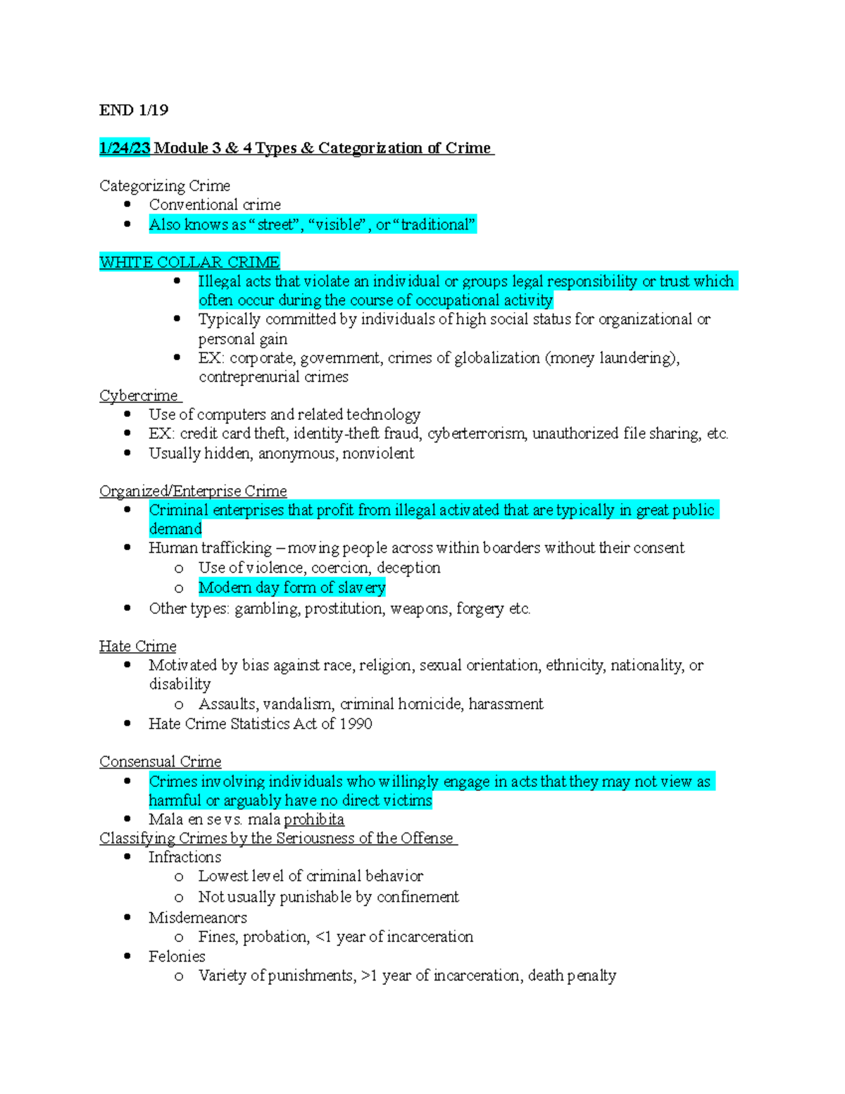 Criminal justice - END 1/ 1/24/23 Module 3 & 4 Types & Categorization ...