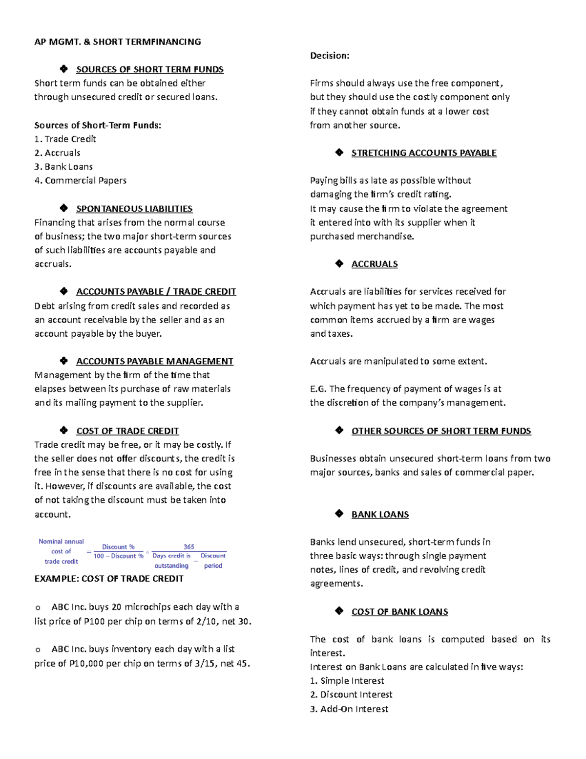 AP MGMT - Lecture notes 1 - AP MGMT. & SHORT TERMFINANCING SOURCES OF ...
