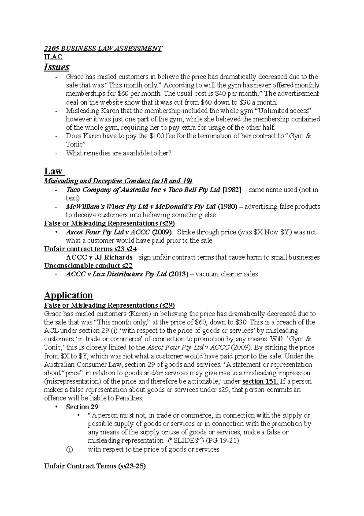 Business Law assessment - 2105 BUSINESS LAW ASSESSMENT ILAC Issues ...