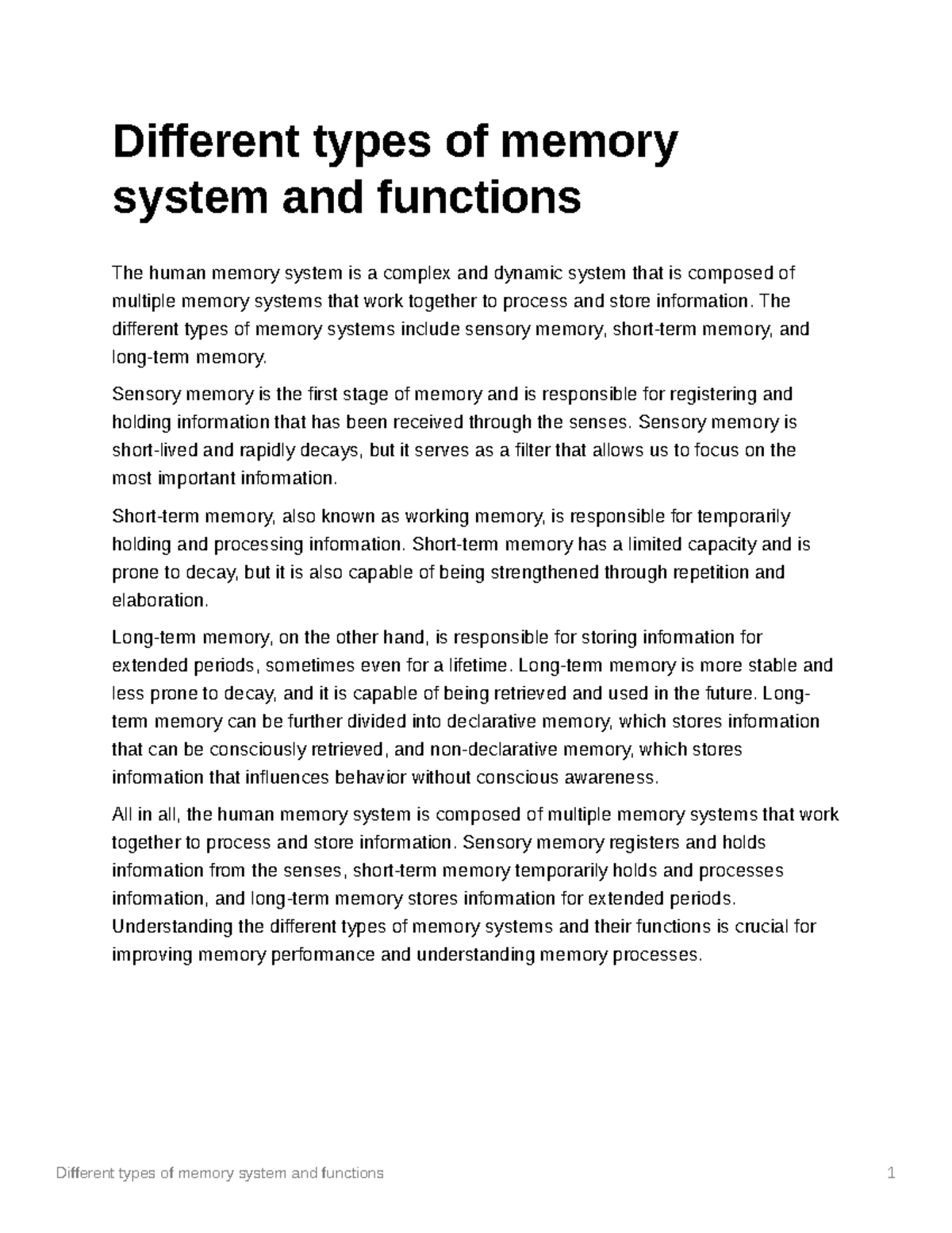 Different types of memory system and functions - The different types of ...