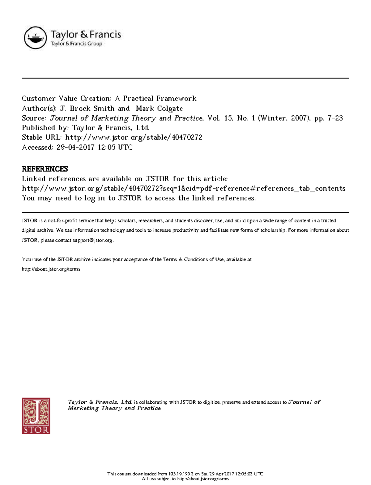 2007 Customer Value Creation Framework Jmrp Article Customer Value